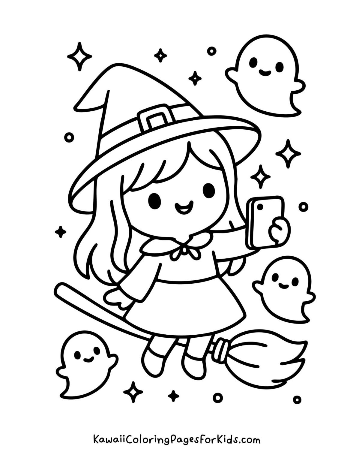 Kawaii Witch Printables – Free Halloween Coloring Sheets